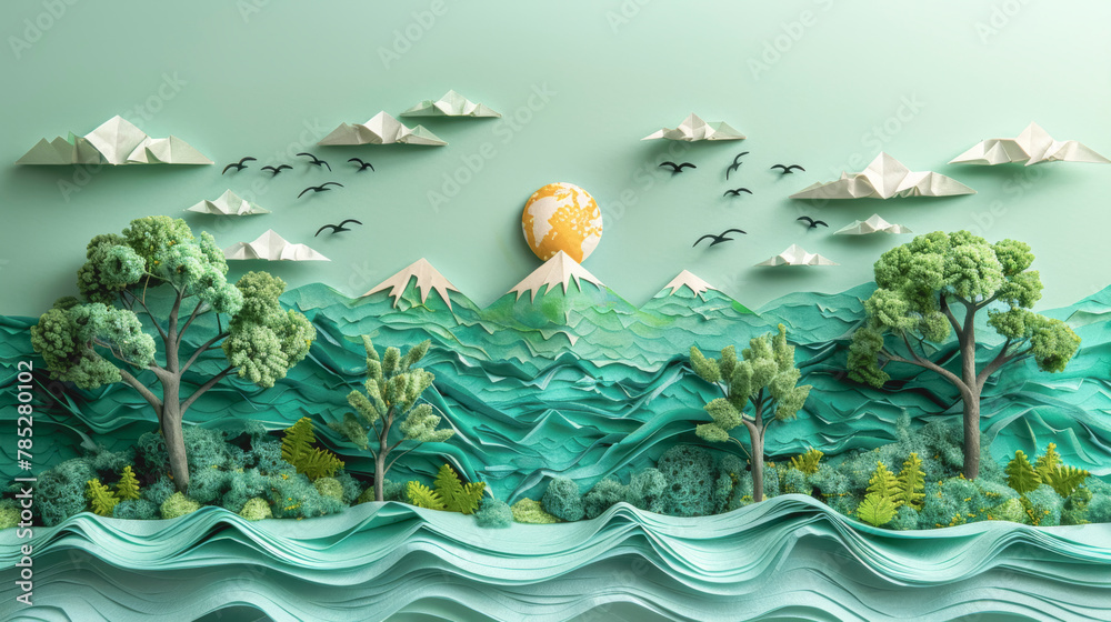 Paper landscape with trees, mountains and sun made of paper, paper art ...