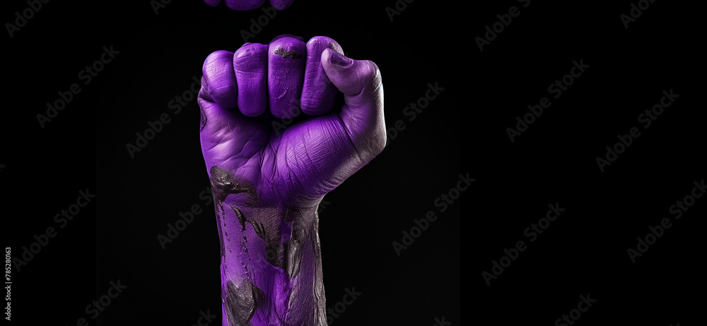 Foto de A hand with purple paint on it is raised in the air. The hand ...