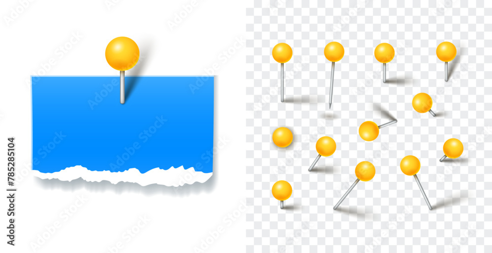 Push Pin Realistic Set. Yellow pins set with Metal Needle and shadow ...