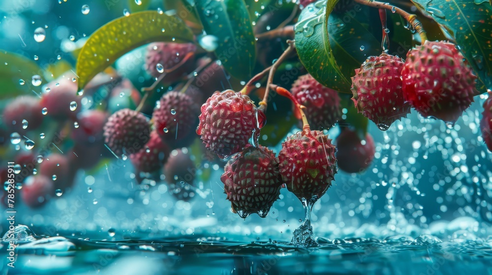 Raspberries dangle from a tree in the rain, water splashes off branches ...
