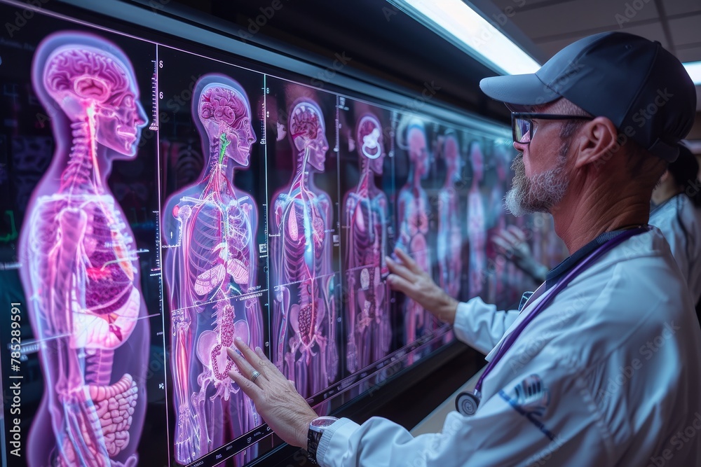 Senior doctor examining advanced digital displays of human anatomy in ...