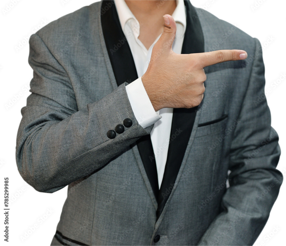 Model Pointing with a finger on the right side of his shoulder wearing ...