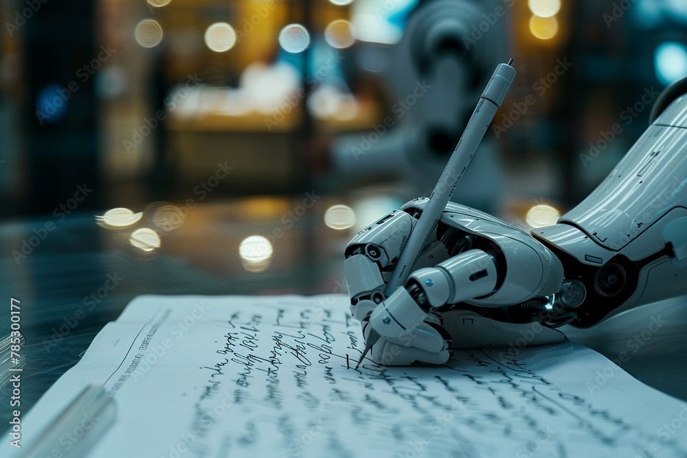 Robot hand scribbling on document, AI as human idea, soft focus, warm ...
