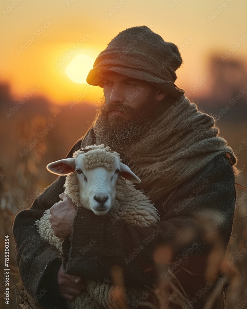 Shepherd with sheep in arms, historical attire, sunset light, side ...