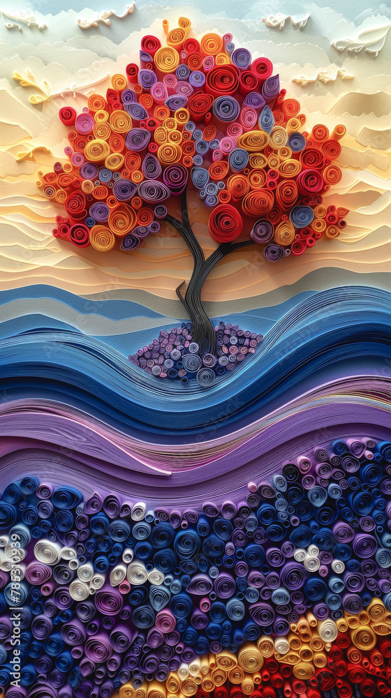 Paper landscape with a flowering tree using the quilling technique ...