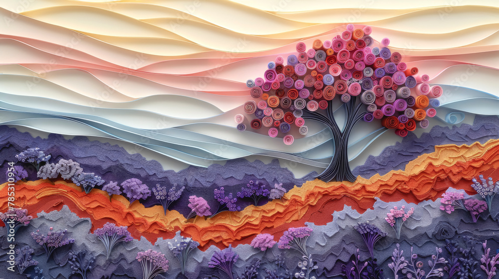 Paper landscape with a flowering tree using the quilling technique ...
