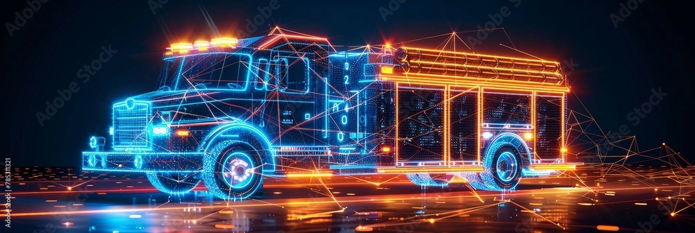 digital blue hologram fire truck with data streams, ai emergency ...