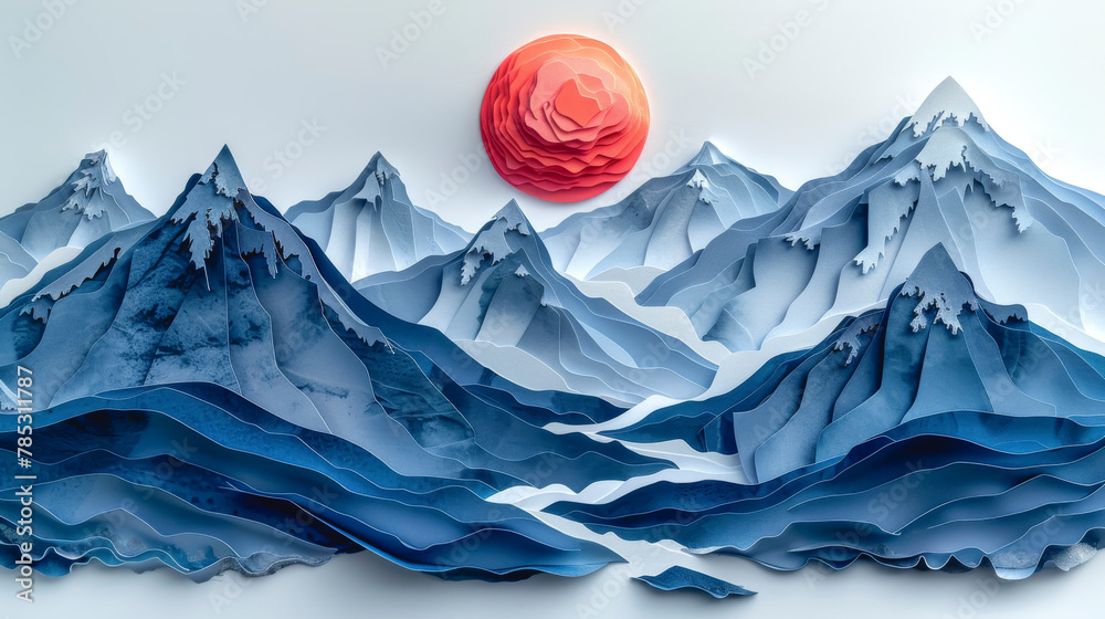 Paper mountain landscape, blue mountains and sun made of paper. Stock ...