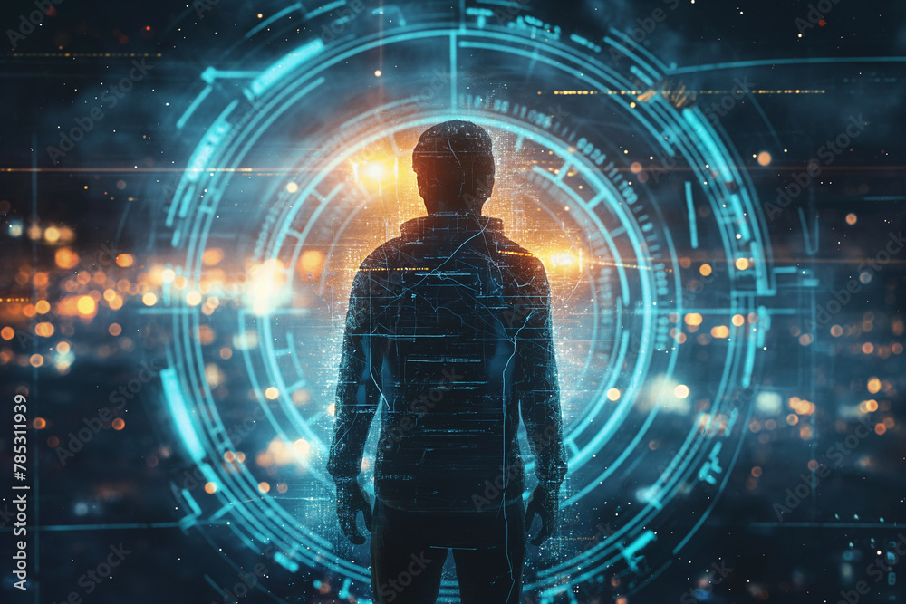 Augmented Reality Interface. a person wearing a hi-tech device with a ...