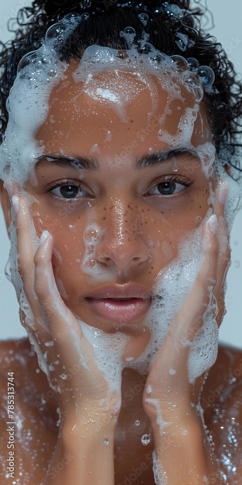 One black indigenous aboriginal black woman eyes open washing face ...