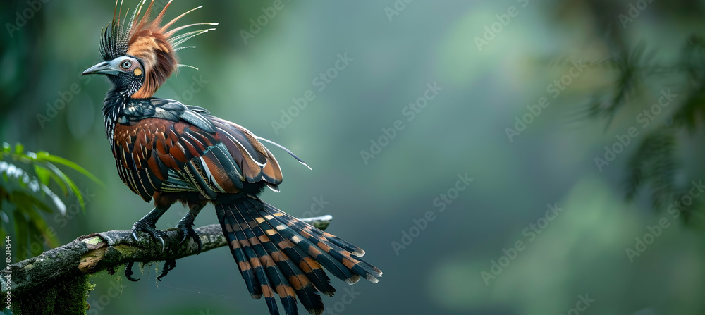 A hoatzin bird perched awkwardly on a limb, captured with a telephoto ...