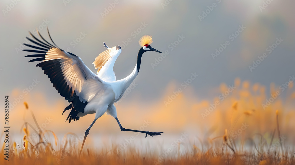 A red-crowned crane gracefully dancing in a wetland, photographed with ...