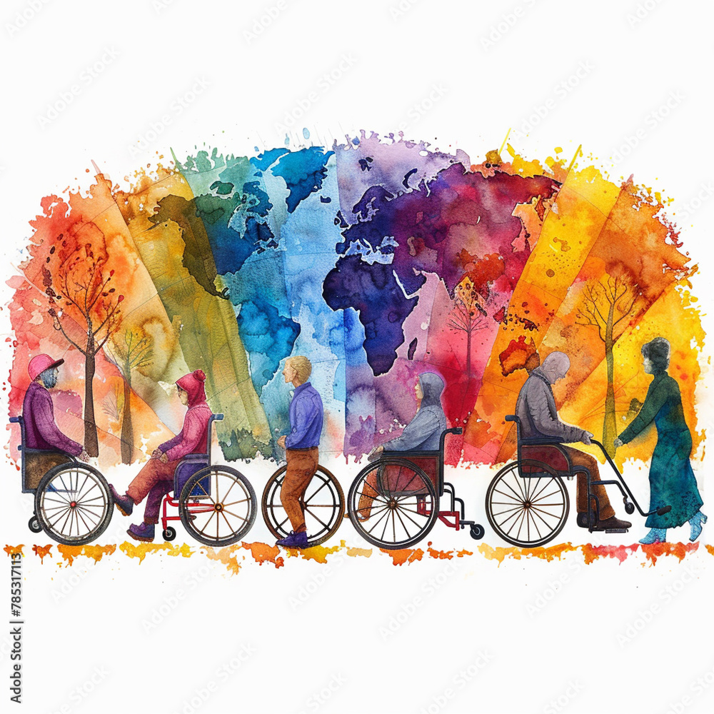 Colorful art watercolor painting depicts a diverse group of ...