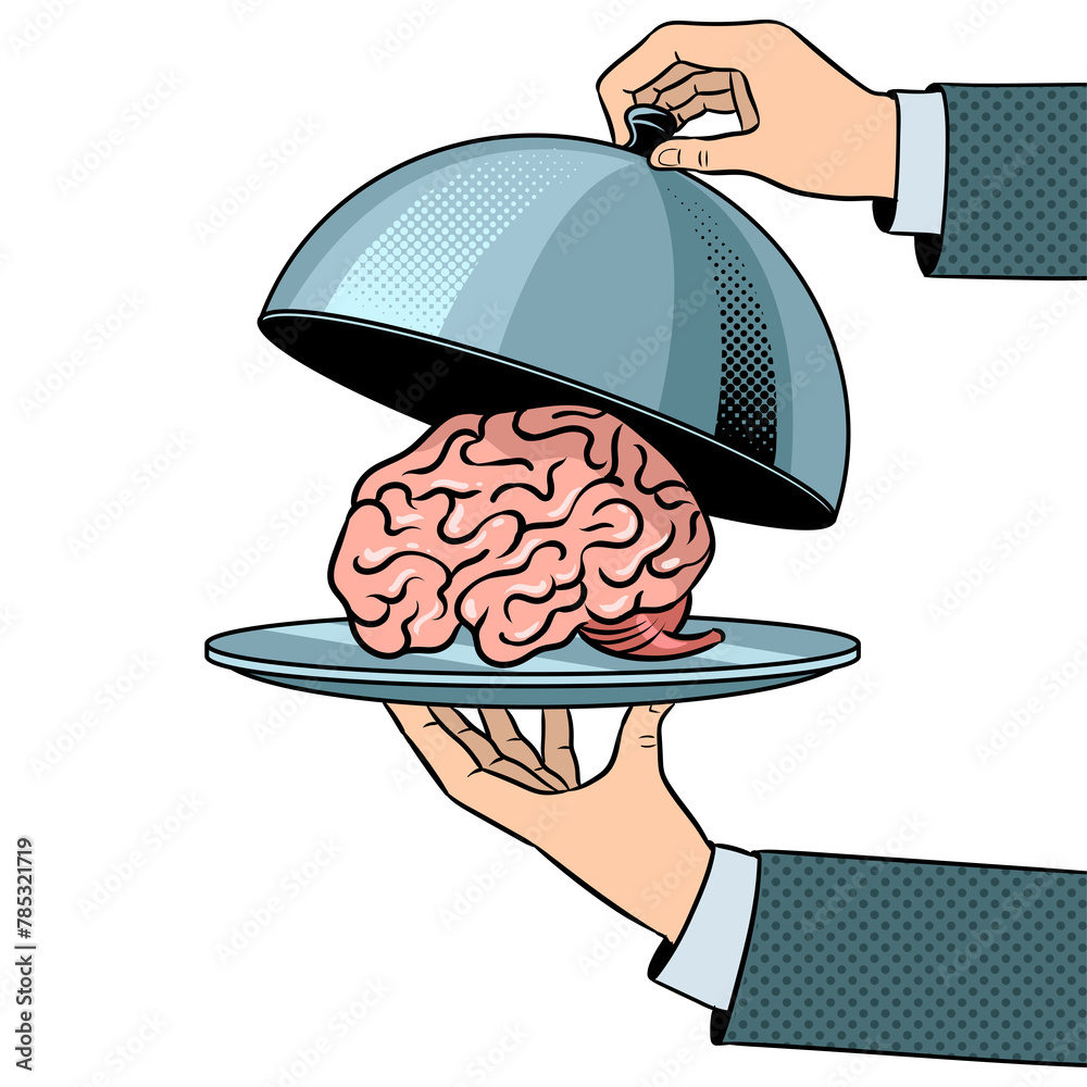 Human brain as food on dish with cloche pop art retro PNG illustration ...