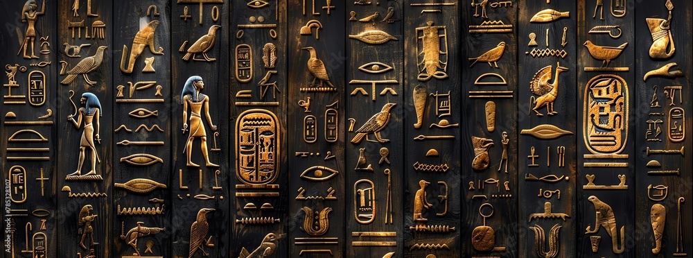 A wall of ancient Egyptian hieroglyphs, carved in gold and black on ...