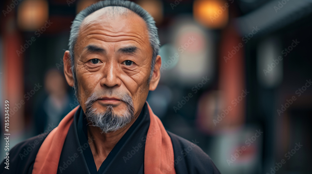 A Japanese man with a beard and a red robe stands in front of a ...