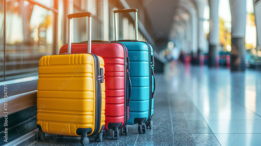 Three suitcases of different colors are sitting on the floor in a busy ...