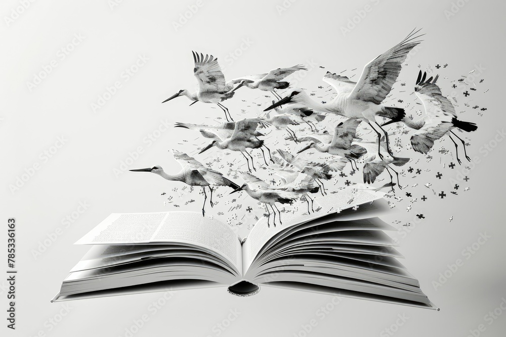 Flock of cranes emerging from an open book - An artistic image ...