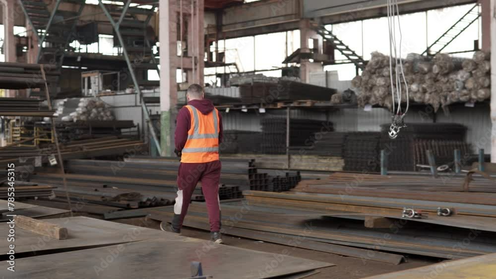 A worker moves large industrial metal parts using a remote control ...