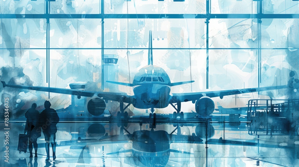 Artistic airport scene with people and airplane - This striking image ...