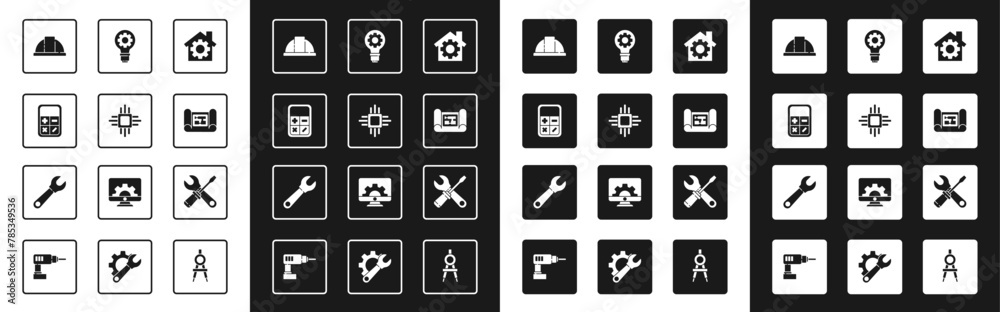 Set House With Gear Processor Microcircuits Cpu Calculator Worker Safety Helmet Plan Light