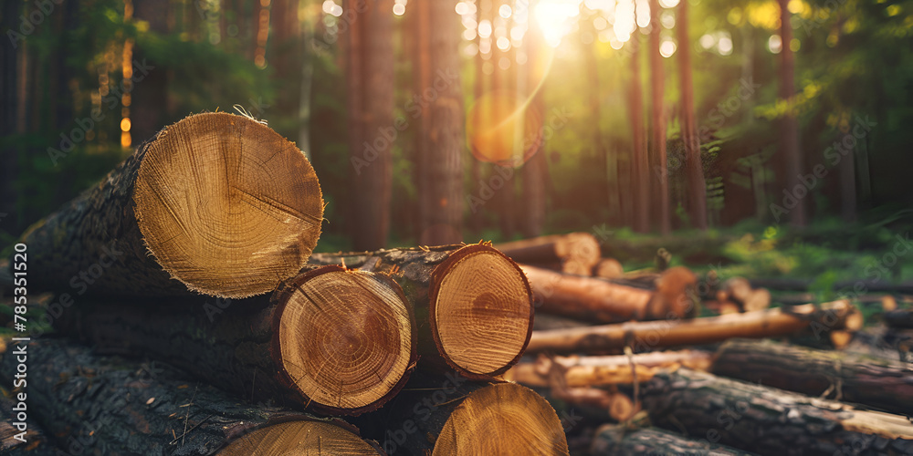 Pile of logs in the forest at sunset Beautiful nature background stack ...