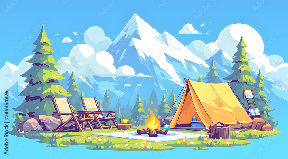 Camping concept art. Flat style illustration of beautiful landscape ...