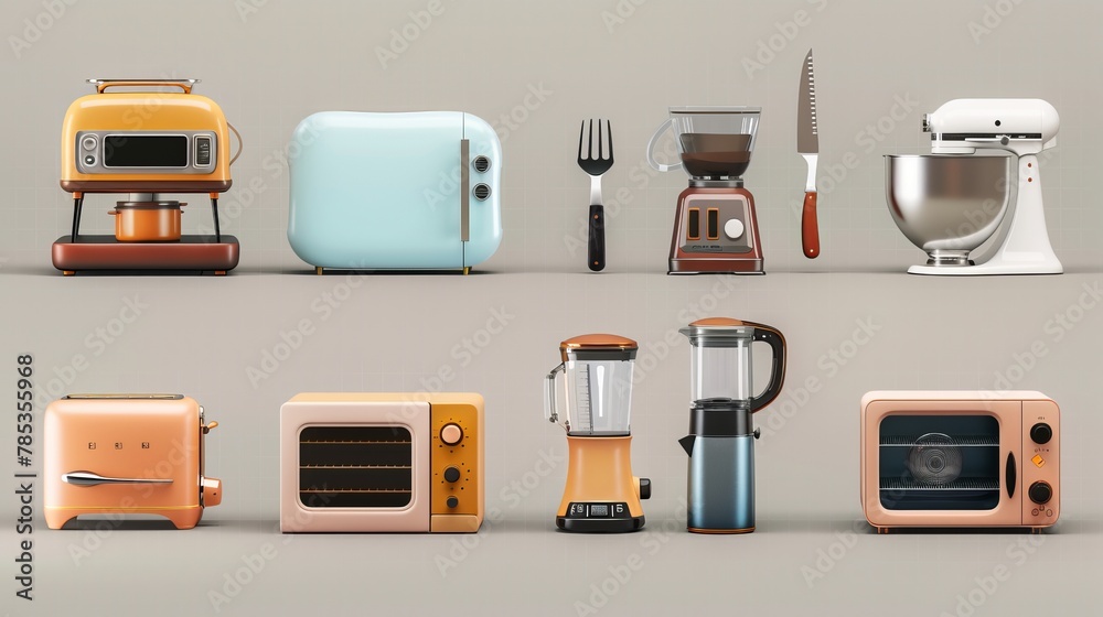 A set of 3D icons depicting kitchen appliances used for cooking and ...