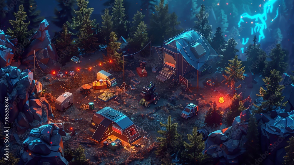 Illustrate a pixel art rendition of a high-tech outdoor camping setup ...
