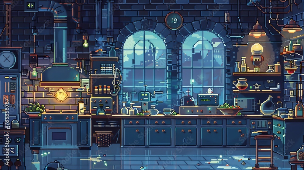 Illustrate a pixel art scene of a whimsical culinary laboratory from a ...