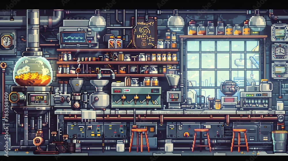 Illustrate a pixel art scene of a whimsical culinary laboratory from a ...