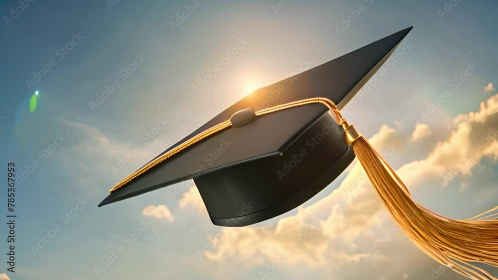 Graduation hat flying in the sky. Graduate are celebrating graduation ...