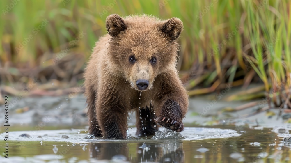 curious brown bear cub playing in shallow water wildlife photography ...