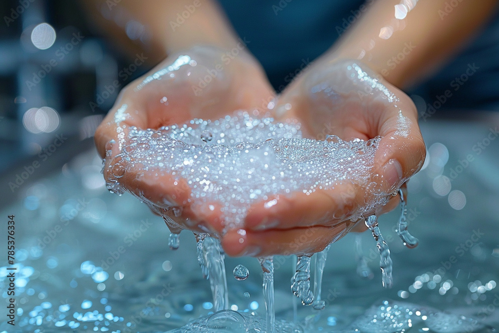 A person using a gentle hand soap to wash their hands, with water ...