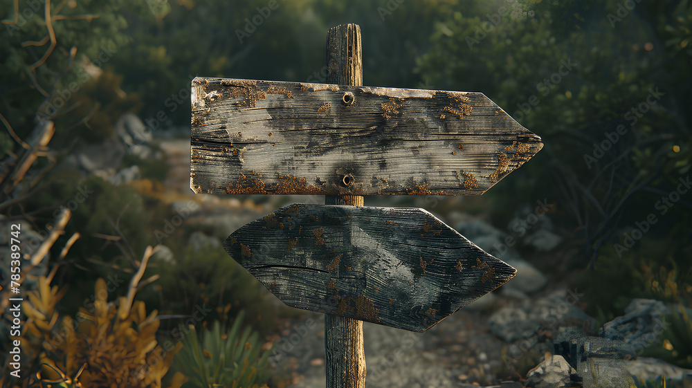 Old wooden road sign. Road view and arrows showing two different paths ...