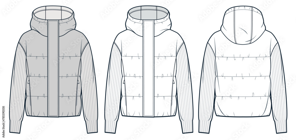 Down Hood Jacket technical fashion Illustration. Padded Jacket with ...