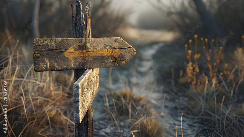 Old wooden road sign. Road view and arrows showing two different paths ...