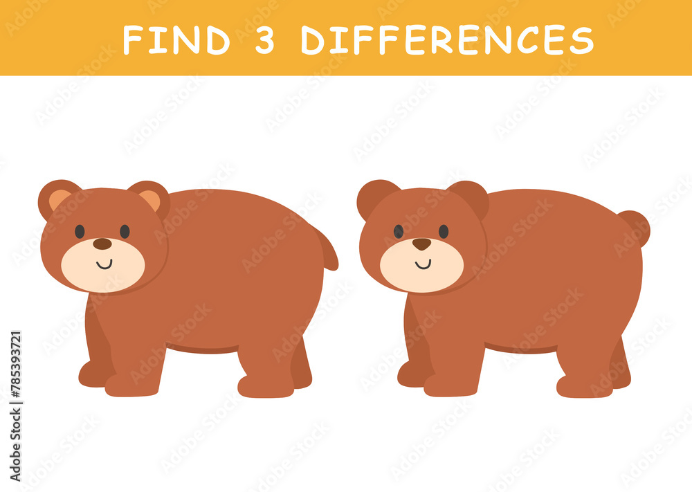 Find 3 differences in illustration. Educational activity with cute bear ...