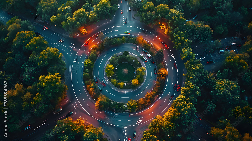 Aerial view of road roundabout intersection with moving heavy traffic ...