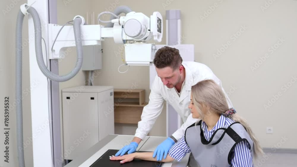 Man doctor in white medical uniform adjusts X Ray machine for scanning ...