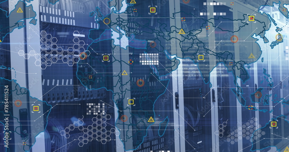 Image of map and circuit board pattern over lens flares on server racks ...