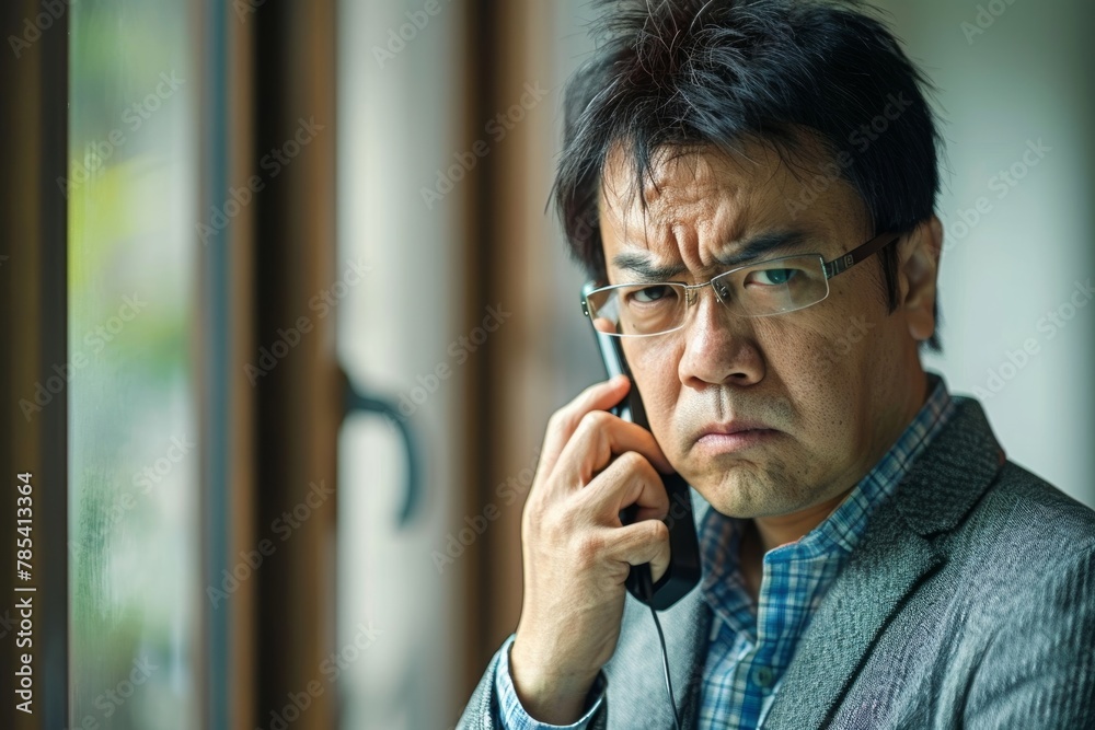Serious and angry man talking on the phone in the office, pensive Asian ...