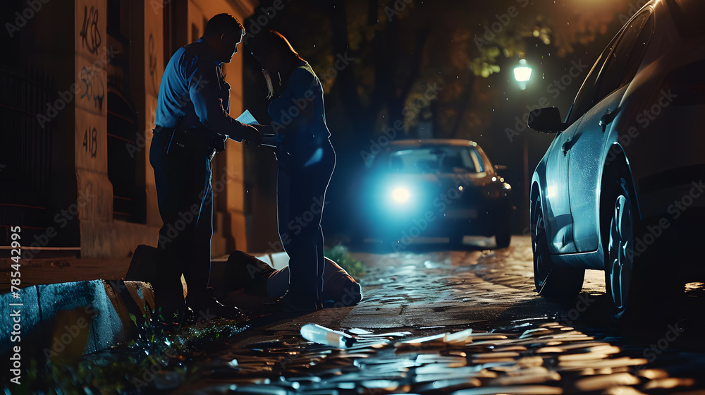 Crime Scene at Night: Crime Scene Investigation Team Working on a Murder. Female Police Officer ...