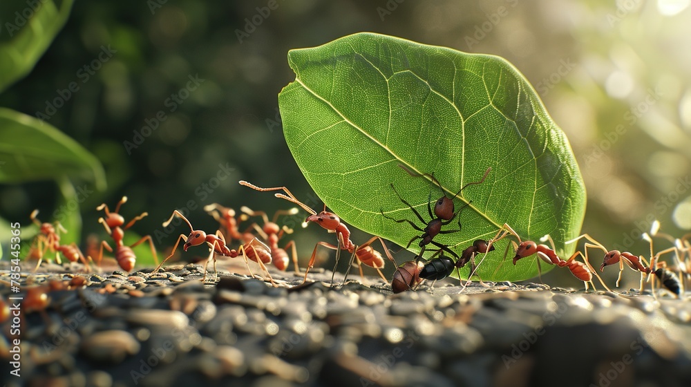 a group of ants working together to carry a large leaf back to their ...