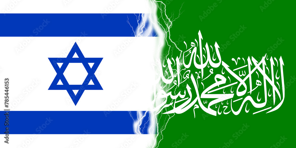 Lightnings effect between flags of Israel and Hamas. Israeli and Hamas ...