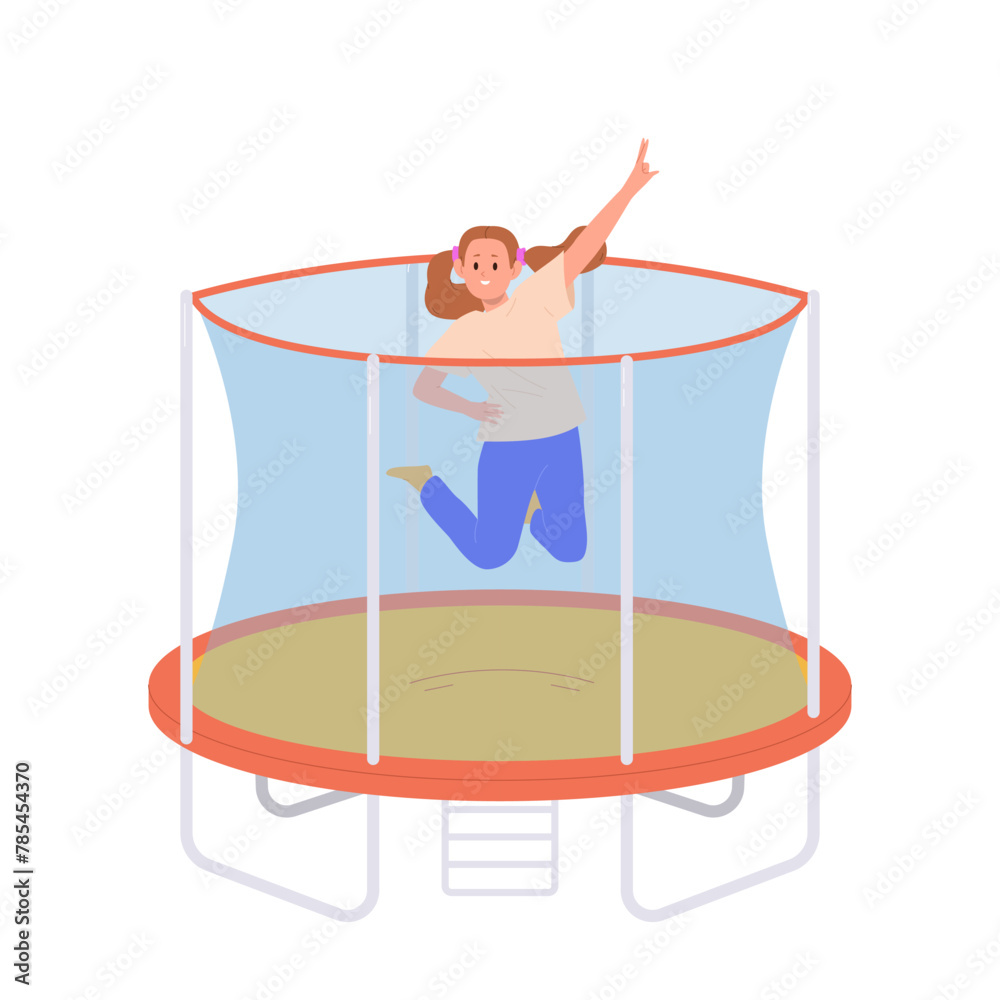 Cute little girl child cartoon character having fun jumping trampoline ...