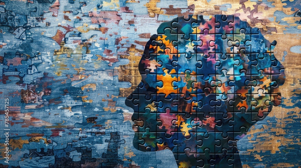 Human head profile with jigsaw puzzles. Mental health, brain problem ...