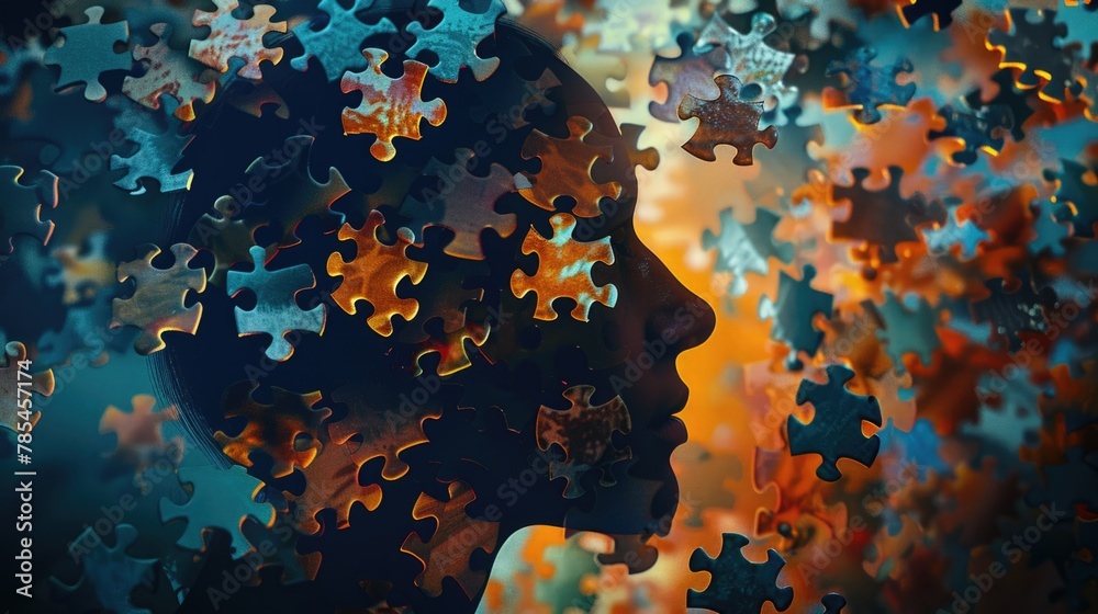 Human head profile with jigsaw puzzles. Mental health, brain problem ...