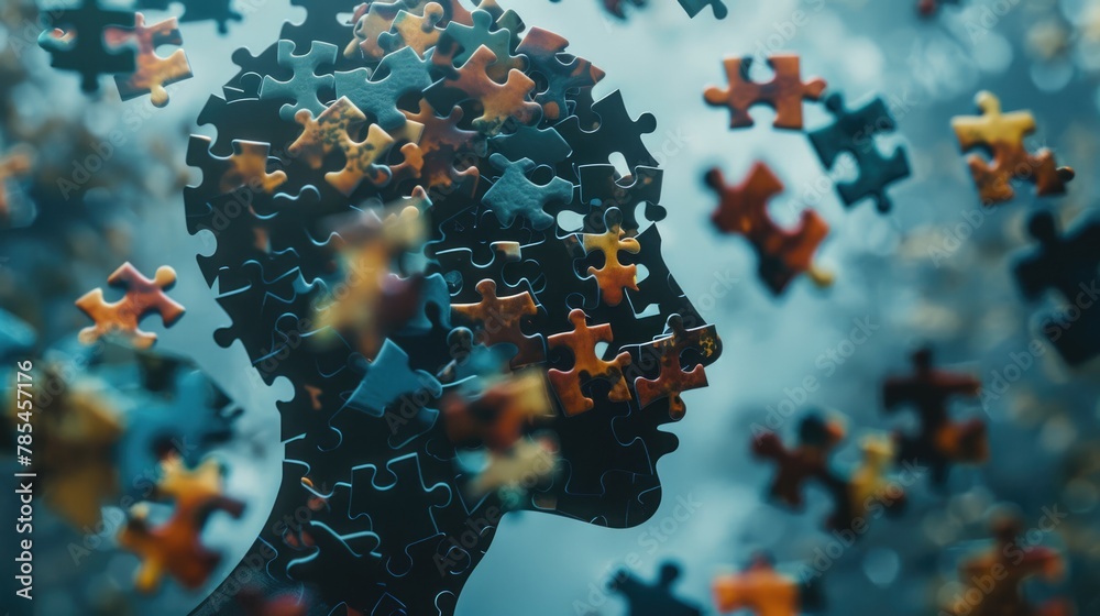 Human head profile with jigsaw puzzles. Mental health, brain problem ...