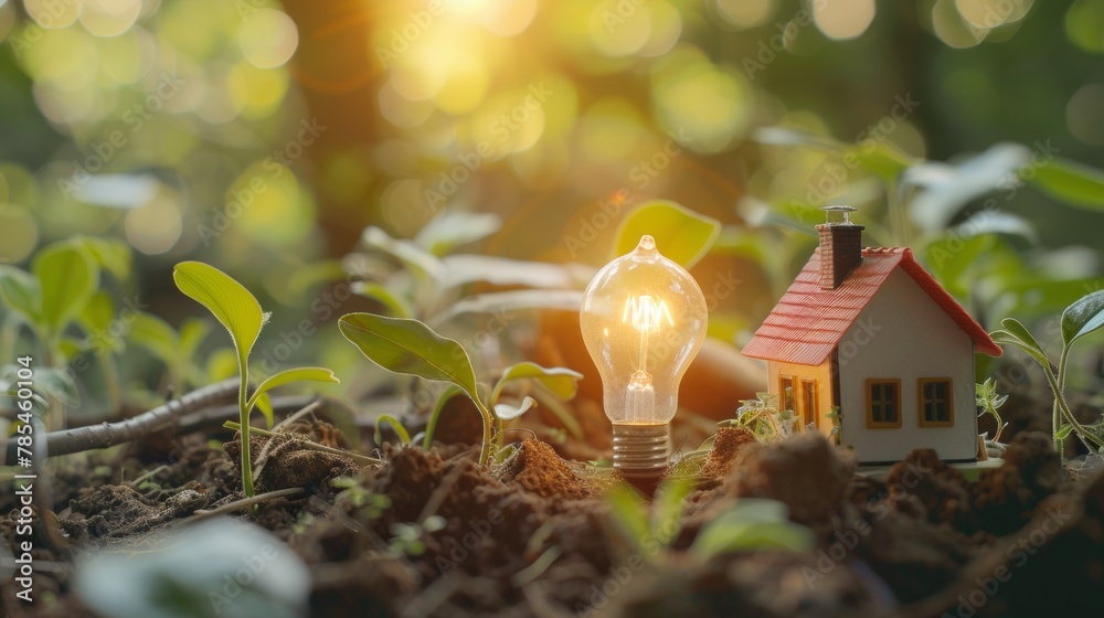 Smart house and environment, Small house model and light bulb on the ...